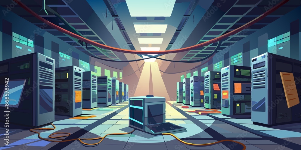 Abandoned computer server room with flickering screens and duct-taped ...