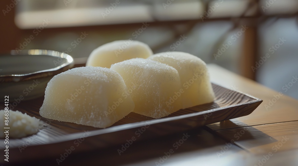 A detailed shot of warabi mochi, with its delicate, jellylike texture ...