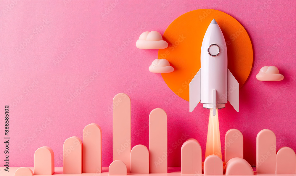 White rocket taking off shooting upwards flying past the bars charts ...