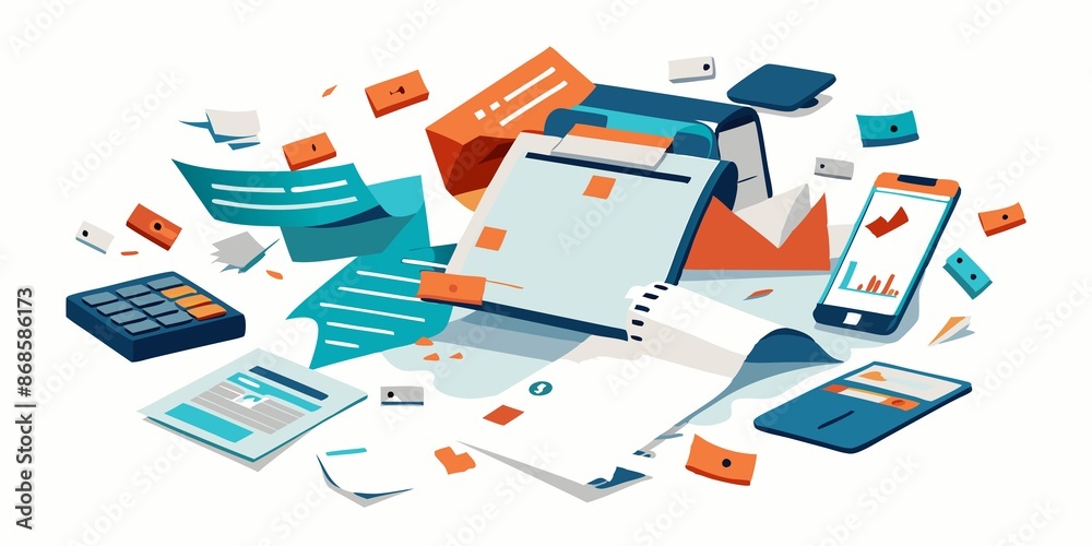 collection of ripped and worn-out financial reports and invoices lying ...