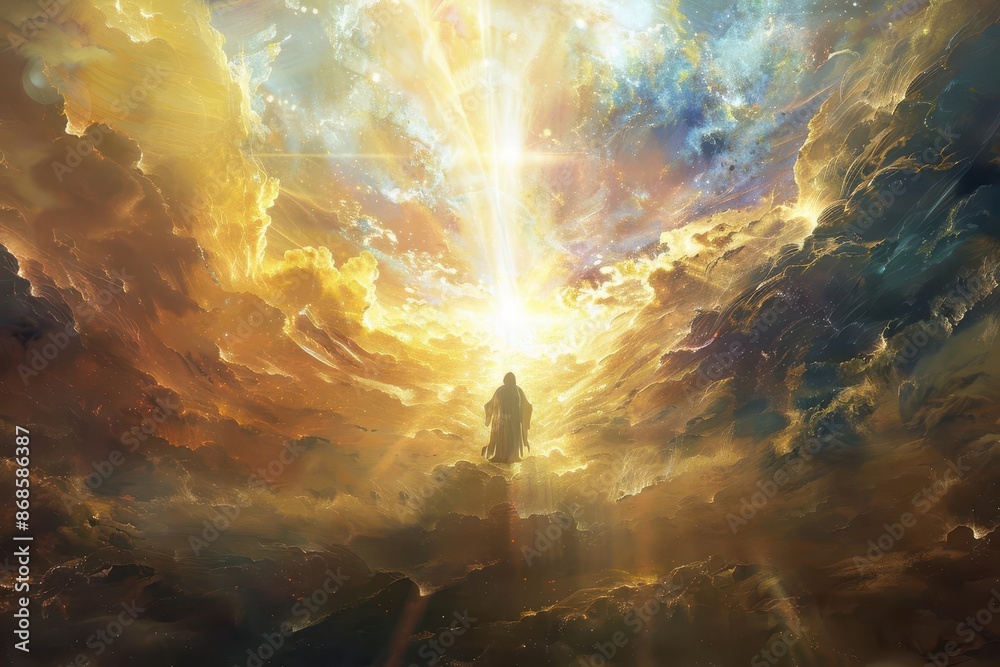 majestic illustration of god in heavenly realm emanating divine light ...