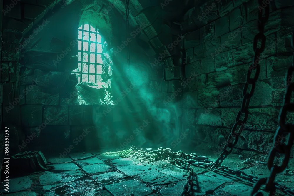 medieval dungeon interior with eerie green magical glow stone walls dripping with moisture rusty ...