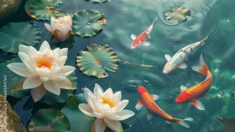 Koi fish and water lilies in tranquil pond. Serene scene of colorful ...