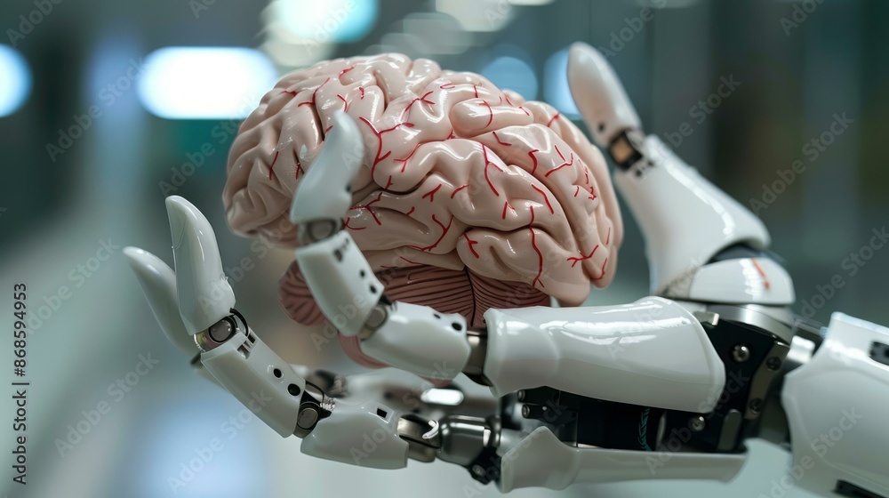 Robotic hand holding human brain. Image of a robotic hand carefully ...