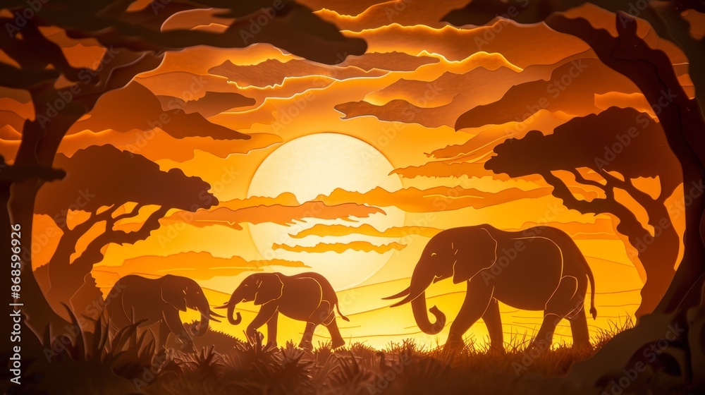 A charming 3D papercut scene featuring a family of elephants walking ...