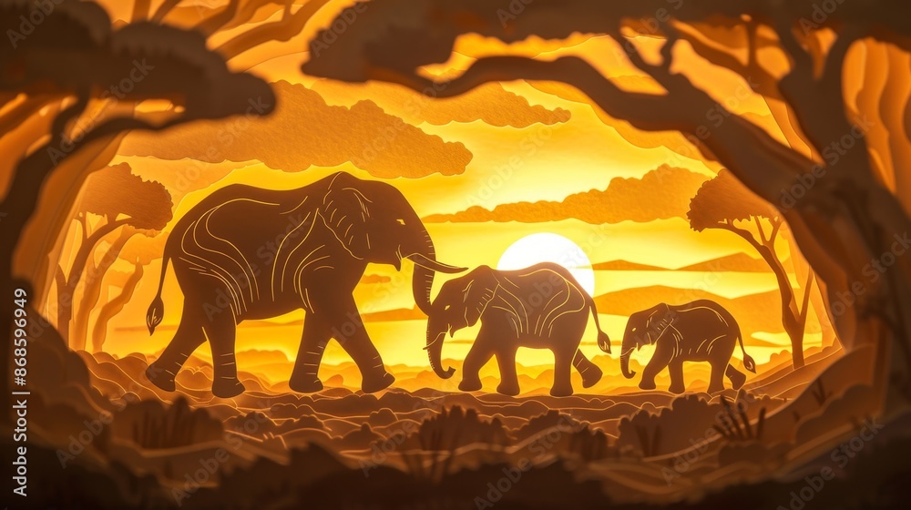 A charming 3D papercut scene featuring a family of elephants walking ...