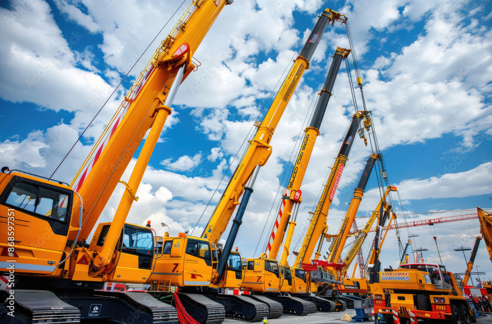 several yellow mobile crane vehicles lined up in an outdoor setting ...