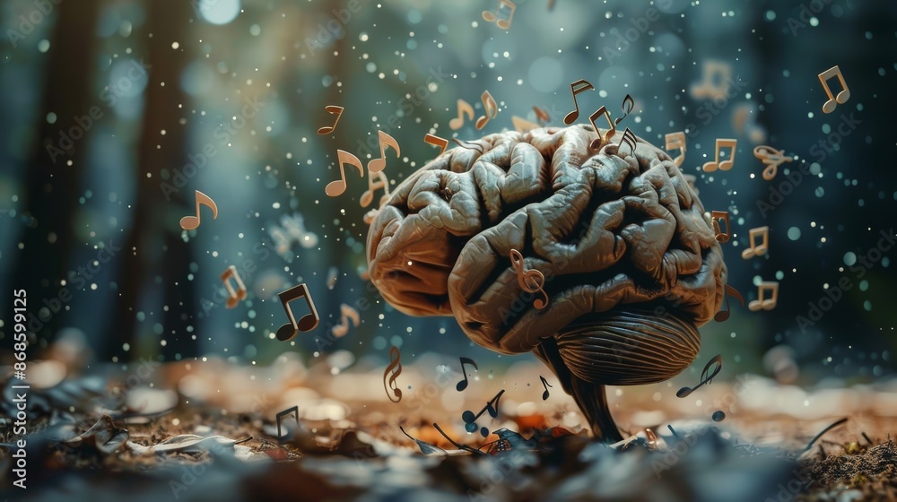 Brain with Musical Notes and Light Effects. Hyper realistic brain ...