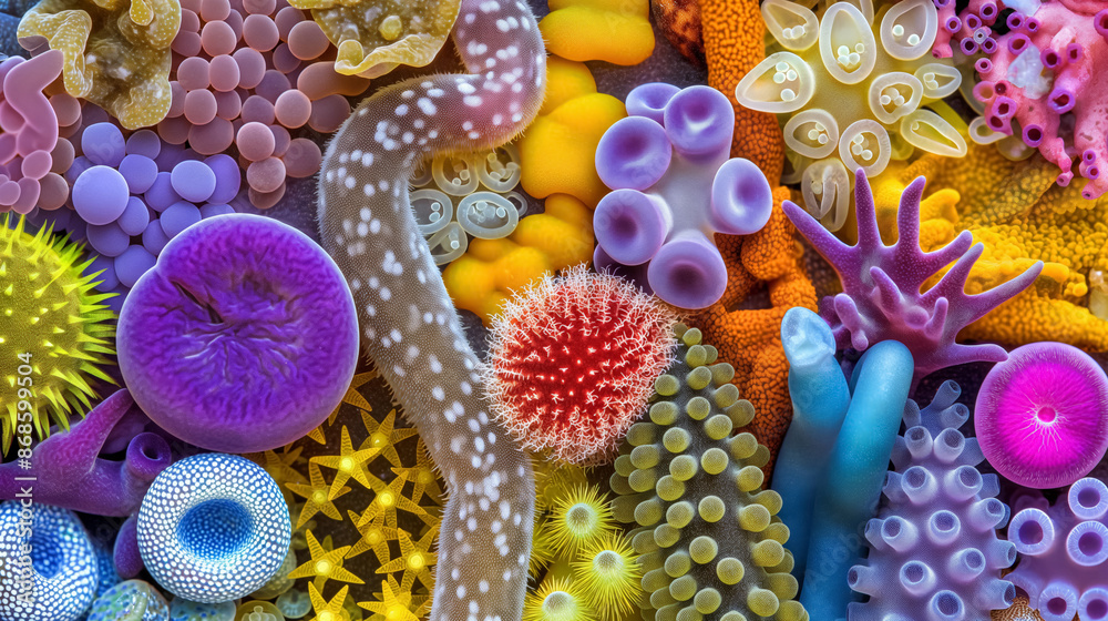 Vibrant close-up of various colorful microorganisms, including ...
