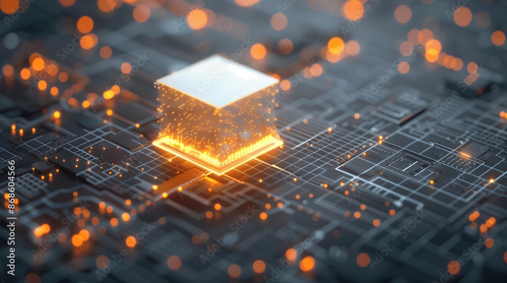 Futuristic quantum computer is glowing and processing data on a complex circuit board. This ...