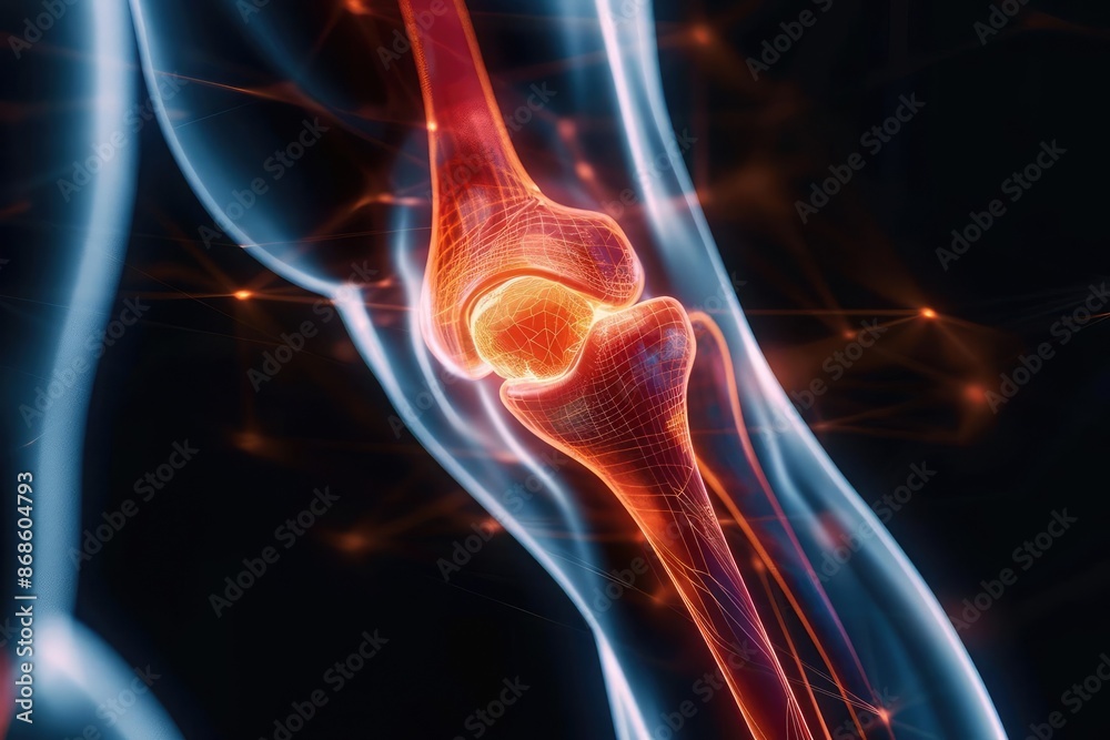 3D illustration of a human knee joint with highlighted anatomy. Medical ...