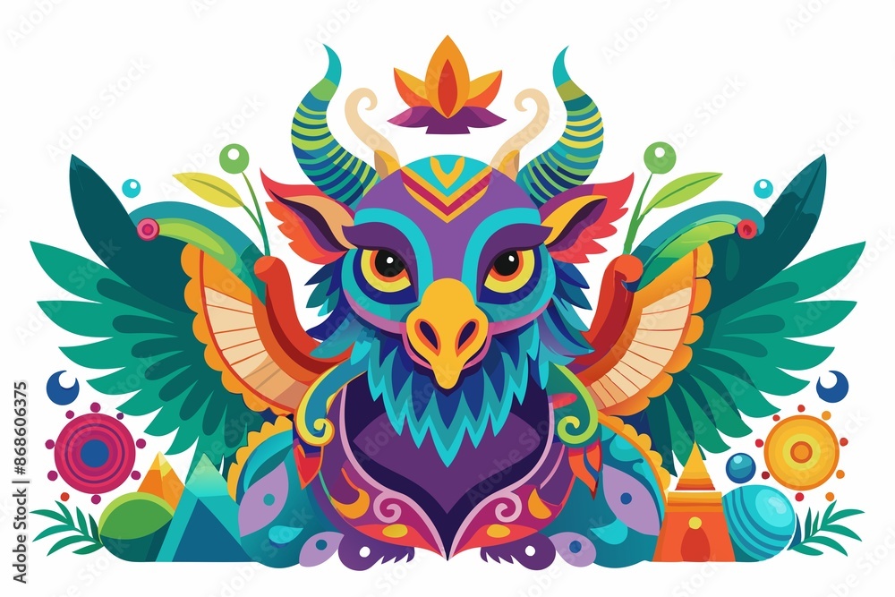 Whimsical digital artwork of mythical creatures on white background ...