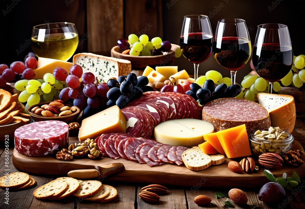 elegant charcuterie wine display assorted red white wines, meats ...