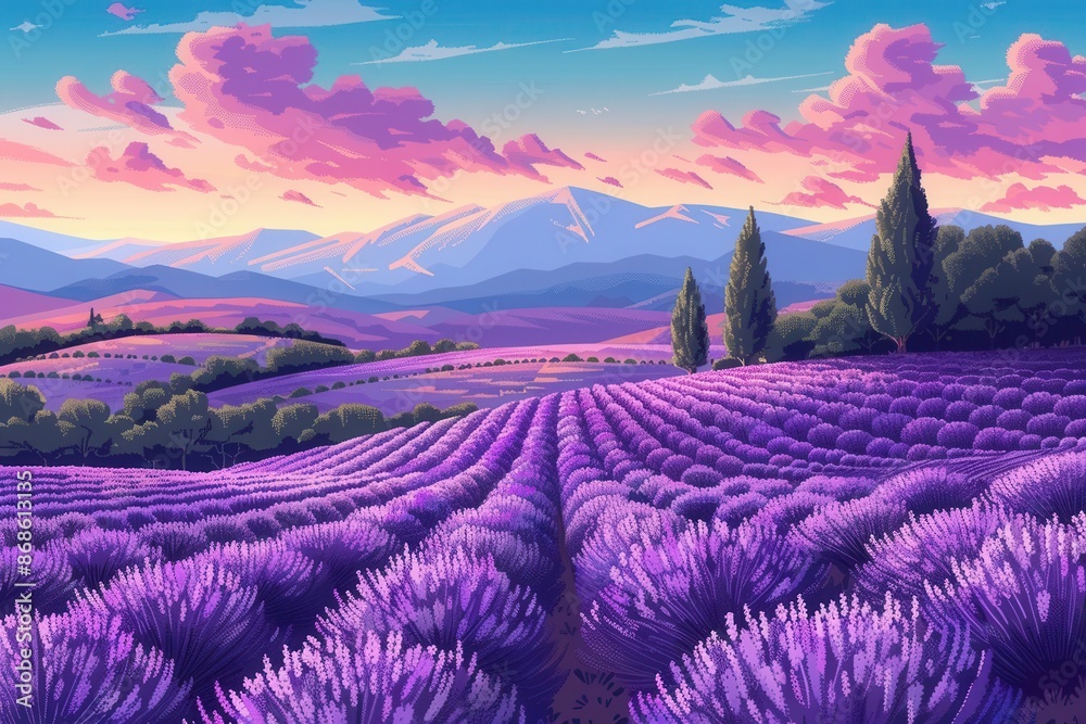 Lavender fields flat design top view Provence theme pixel art cartoon ...