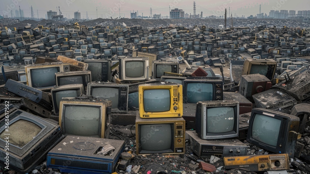 Large pile of discarded electronic devices, such as old televisions and ...