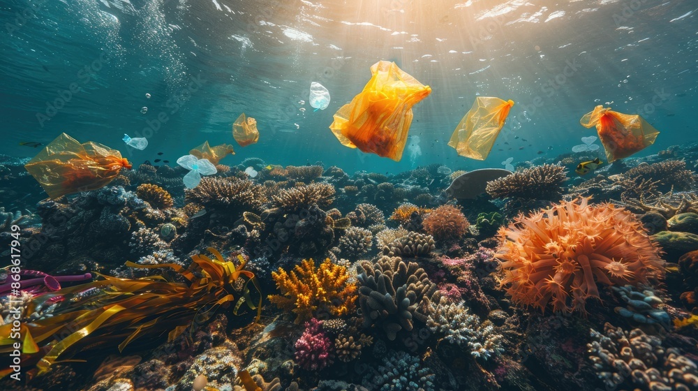 Vibrant coral reef suffering from plastic pollution, with various ...