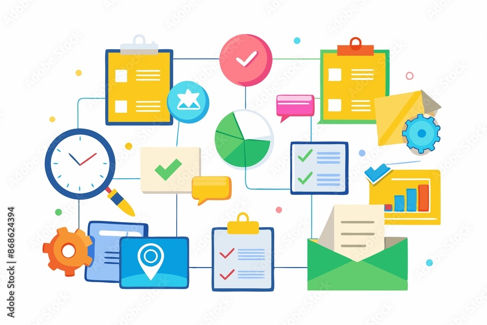 Collaborative management tools with Post-it notes, diagrams, and clock ...