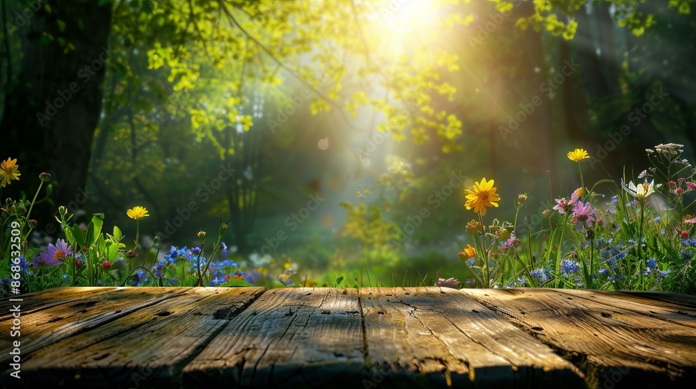 Sunny forest glade with wooden plank background. Idyllic scene of a sun-drenched forest glade ...