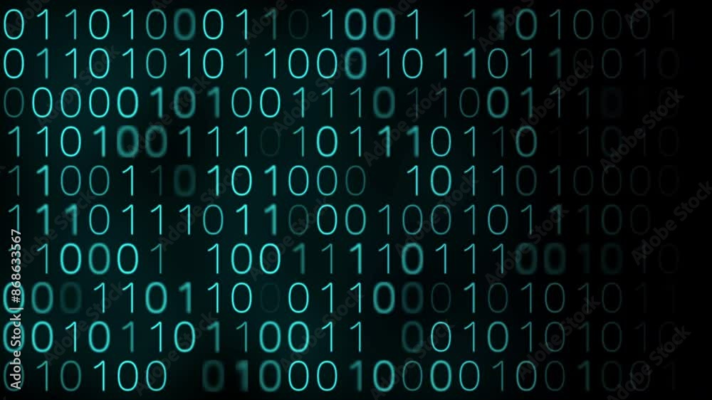 Bright glowing blue neon tech background with binary code numbers. Seamless looping futuristic ...