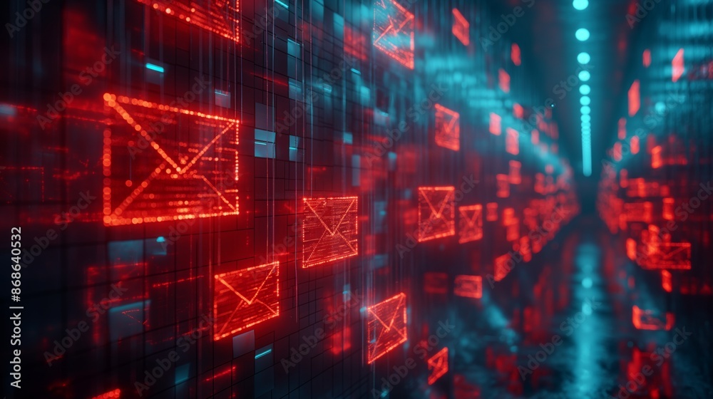 Visual digital emails envelopes on a dark background, unknown or ...