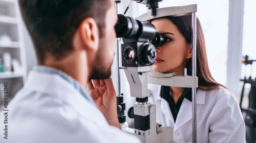 A female optometrist conducting a thorough eye exam for a male patient ...
