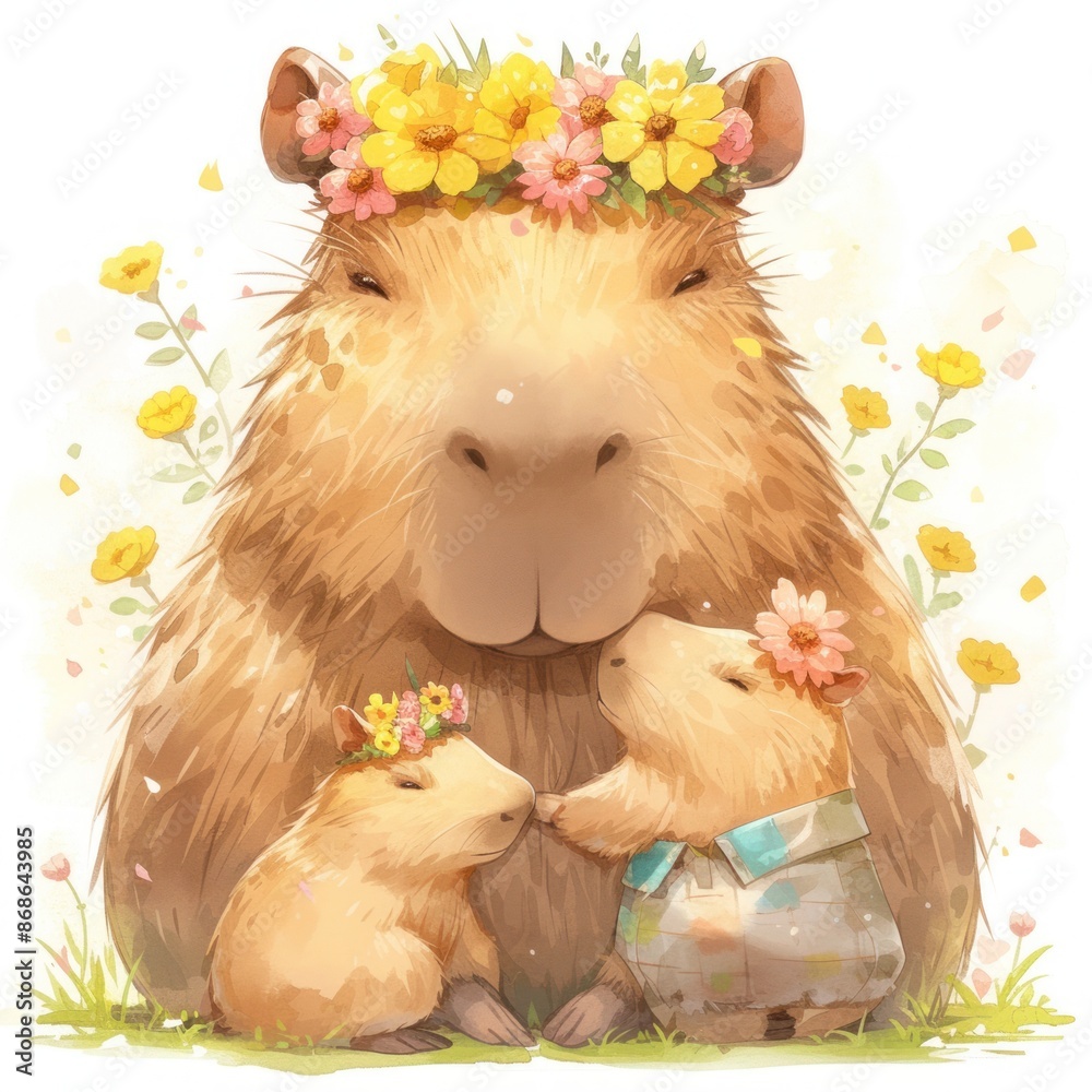 capybara mother mommy and her baby animal watercolor clip art for ...