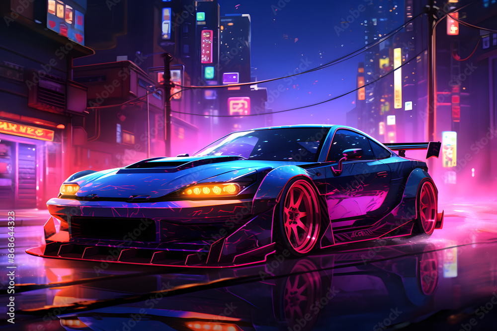 neon light car illustration anime style, neopn light car, cool car ...