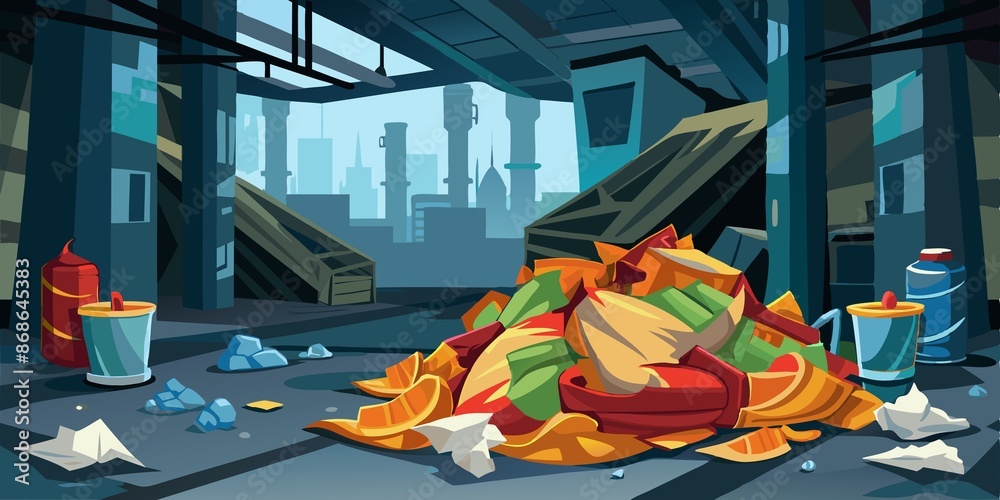 heap of dirty, crumpled fast food wrappers and trash is scattered on ...