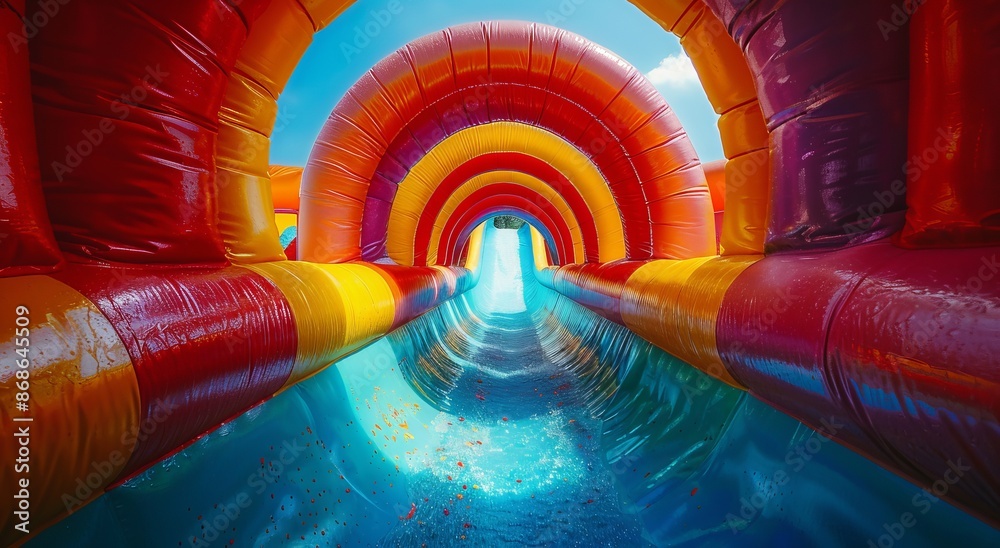 Inflatable rainbow slide with long tube, shot from the top looking down ...