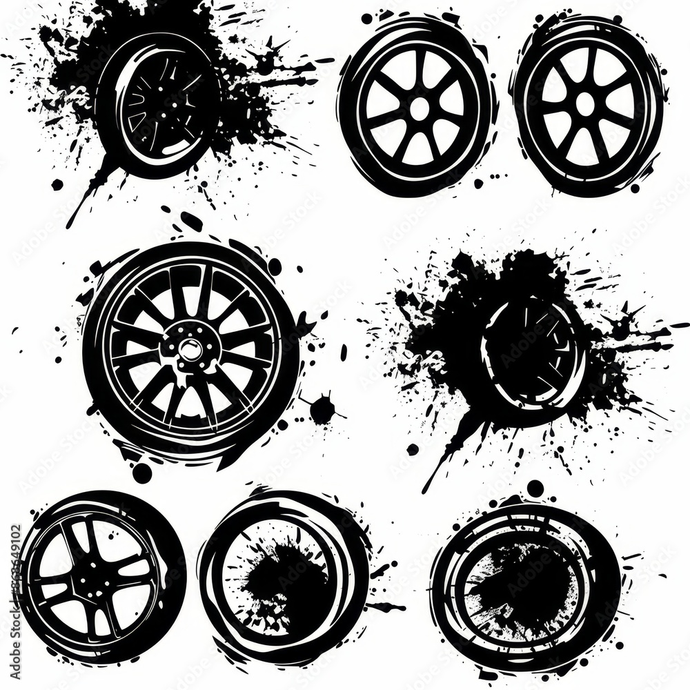 Car wheels icon, tire silhouettes, graffiti spray rim symbol, auto ...