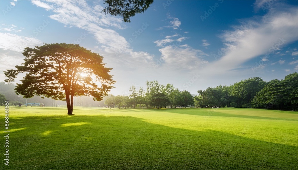 fresh air and beautiful natural landscape of meadow with green tree in ...