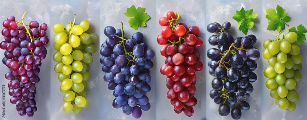 Set of fresh grapes isolated on white background, with different colors ...