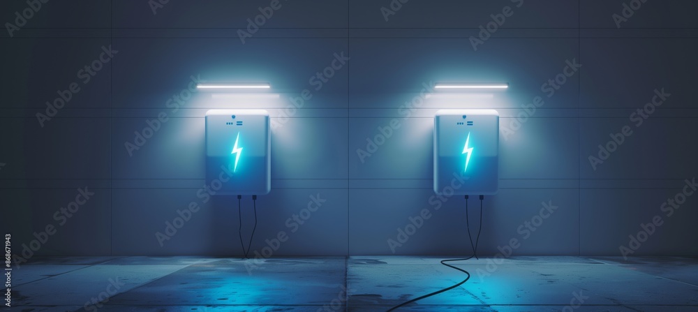 two futuristic wall mounted energy storage cells with blue lightning ...