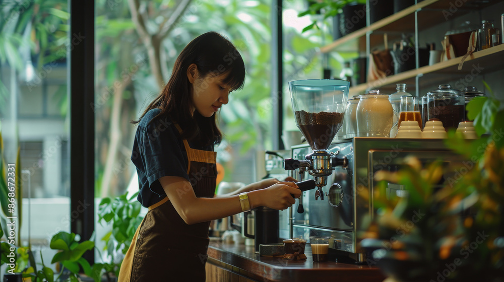 Realistic photo of coffee maker working professionally in modern coffee ...