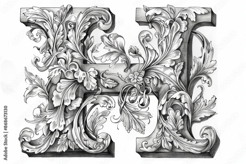 A hand-drawn illustration of the letter H with detailed line work and a ...