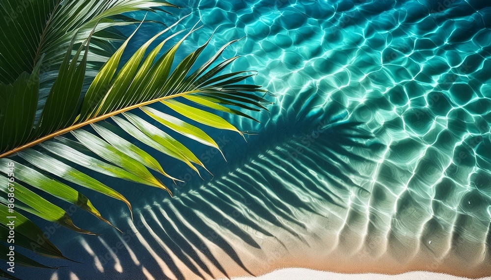 palm leaf shadow from above over transparent water surface with ...