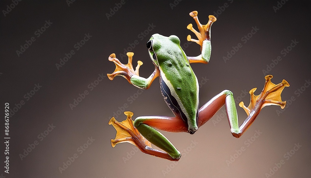backside view of jumping green tree frog aka ranoidea caerulea isolated ...