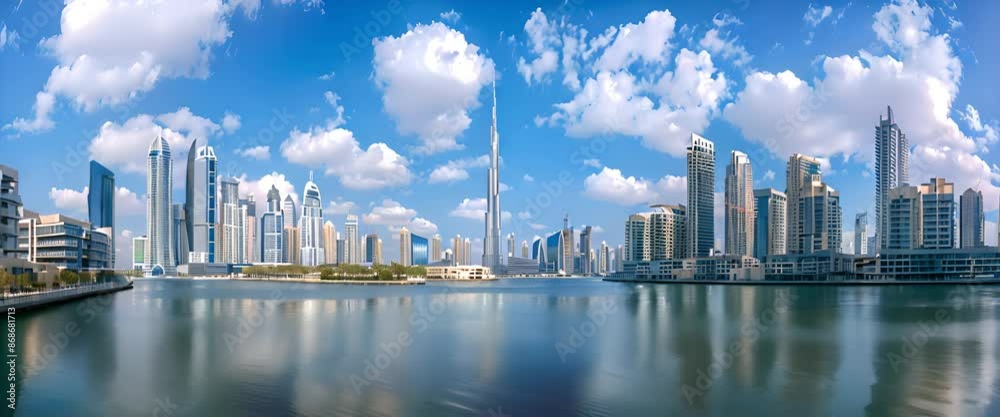 A panoramic view of the Dubai skyline with the Burj Khalifa and modern ...