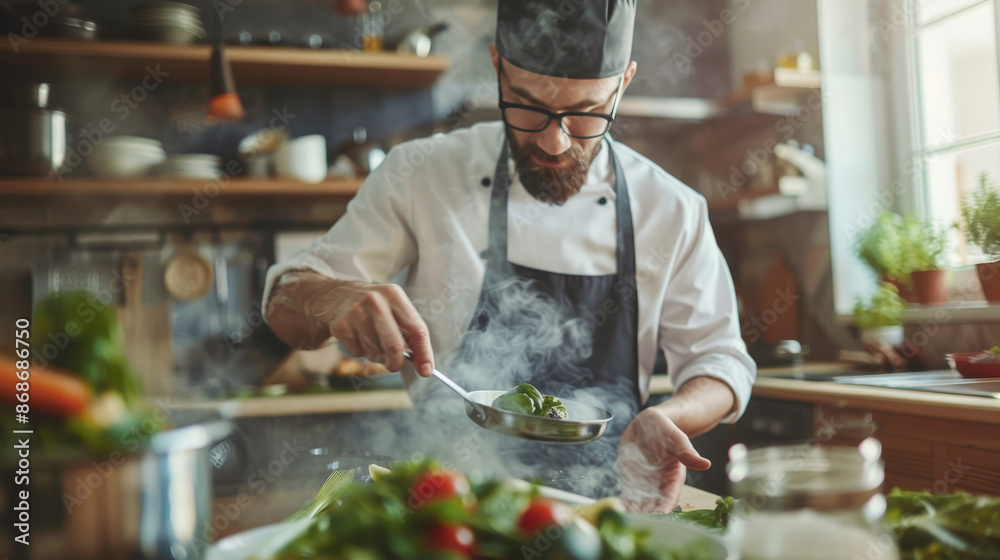 Realistic photo of head chef working professionally in modern kitchen ...