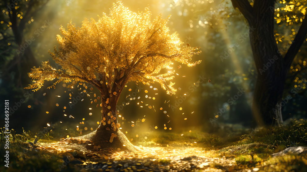 A gold money tree of good luck and Feng Shui, its branches adorned with ...