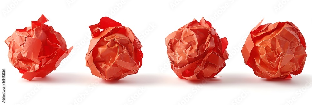 Crumpled red paper ball isolated on white background, collection of ...