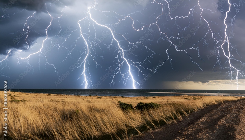 thunderous dark sky with black clouds and flashing lightning panoramic view concept on the theme ...