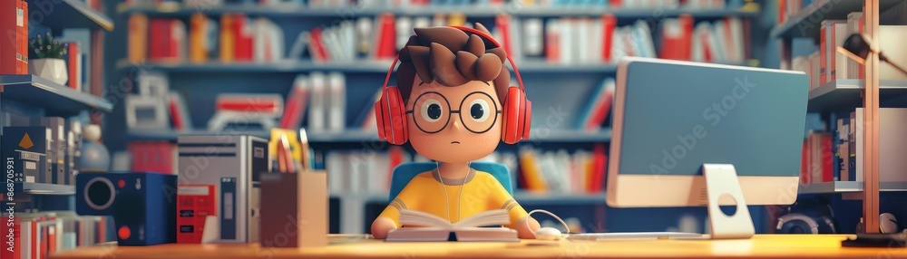 3D cartoon character listening to music while studying with headphones ...