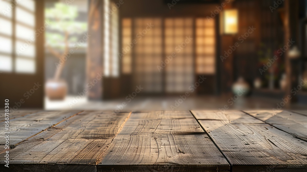 Empty wooden table in traditional japanese house. Rustic wooden table ...