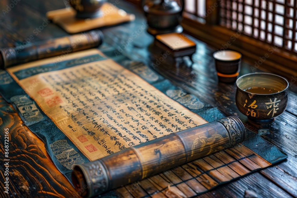 Ancient Chinese scroll with calligraphy on a bamboo mat, featuring ...