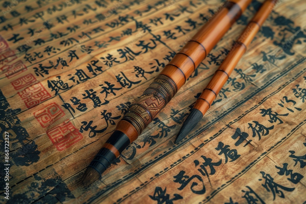 Ancient Chinese scroll with calligraphy on a bamboo mat, featuring ...