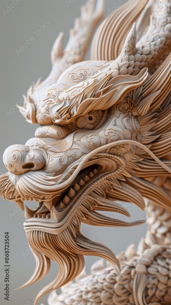 Intricate Chinese dragon sculpture against a neutral backdrop ...
