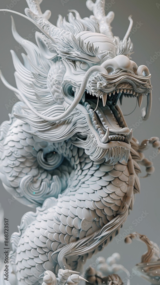 Intricate Chinese dragon sculpture against a neutral backdrop ...