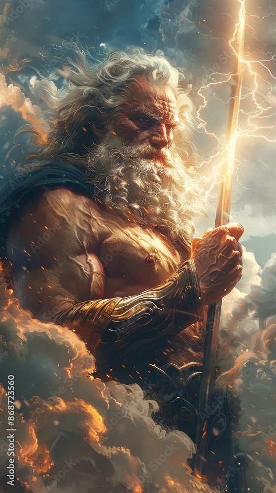 Mythological Zeus, depicted with a powerful and majestic presence ...