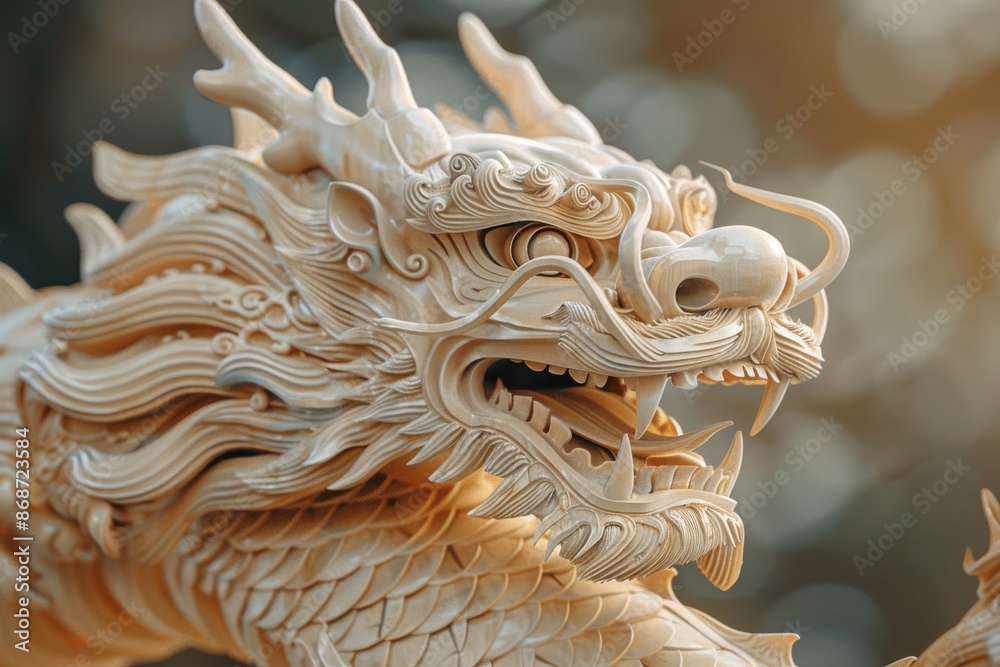 Intricate Chinese dragon sculpture against a neutral backdrop ...
